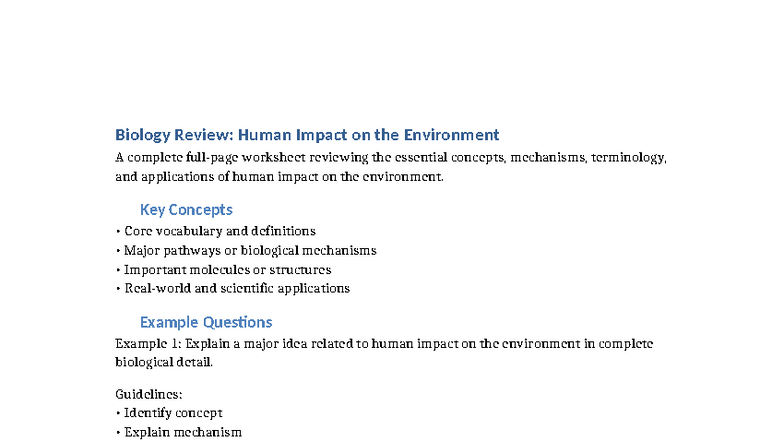 Biology 210: Human Impact on the Environment Review Worksheet - Studocu