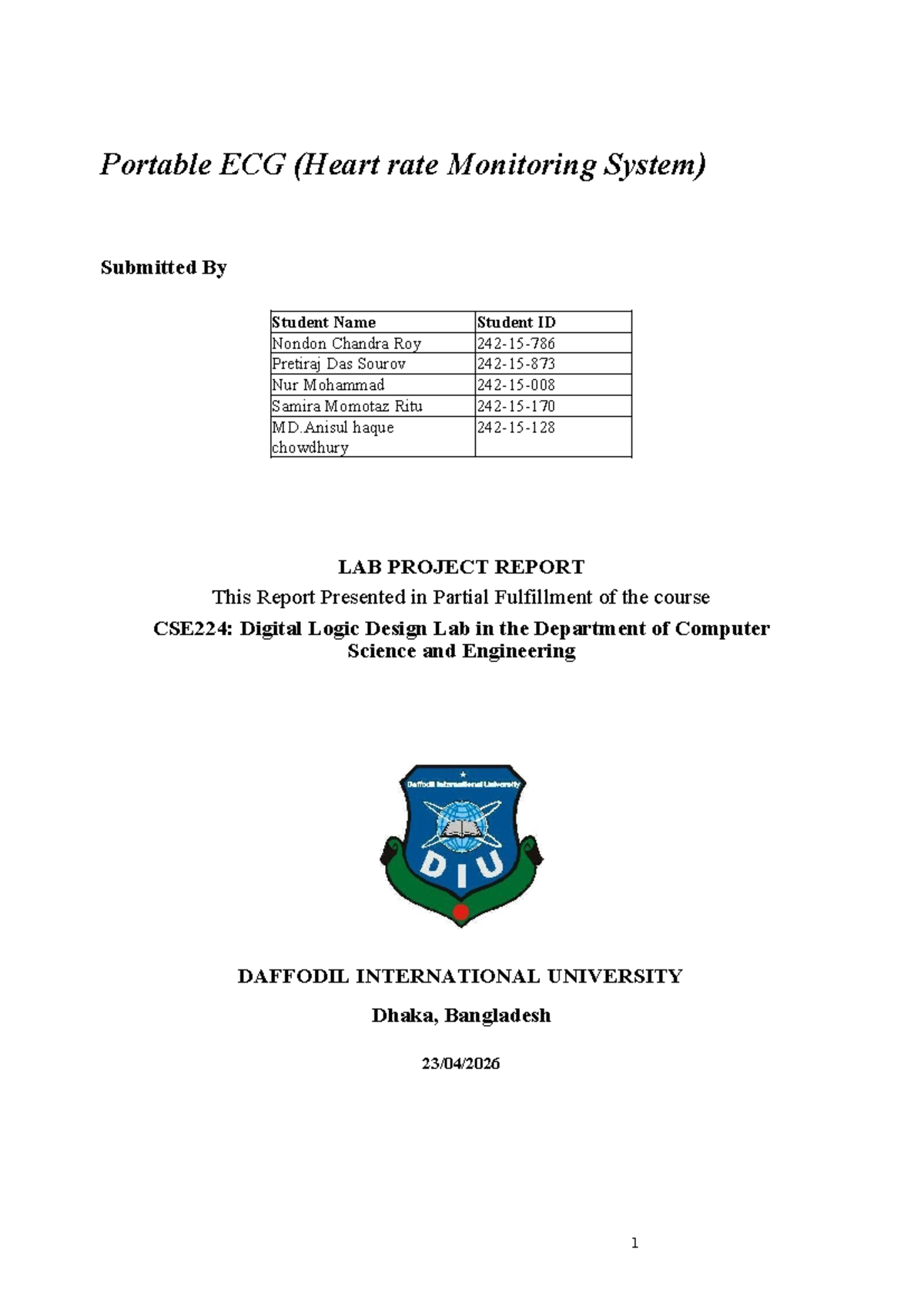 CSE224: Portable ECG Monitoring System Lab Project Report - Studocu