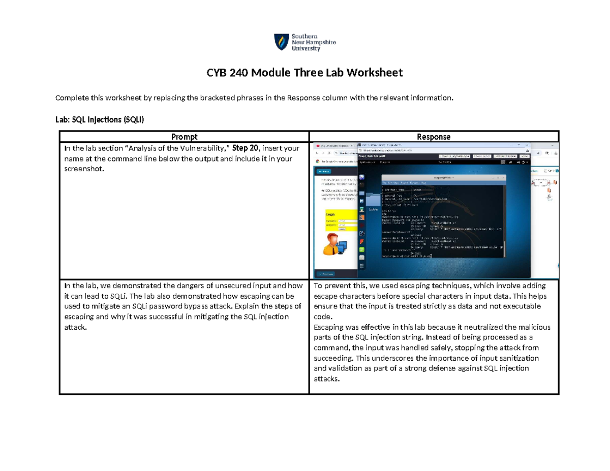 CYB 240 Module 3 Lab Worksheet: SQL Injections & Security Tools - Studocu