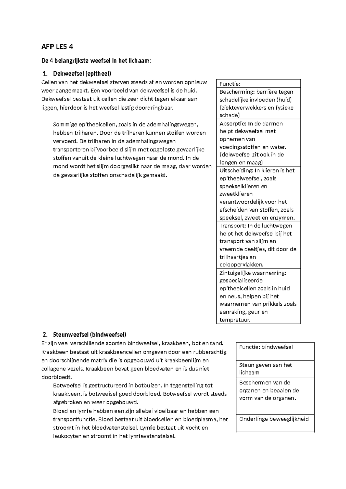 AFP1 LES 4 Weefsels in het Lichaam: Functies en Kenmerken - Studeersnel