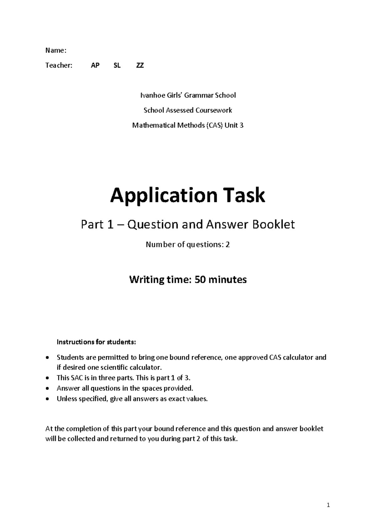 IGGS 2020 12MME SAC - Mathematical Methods Unit 3 Application Task Part ...