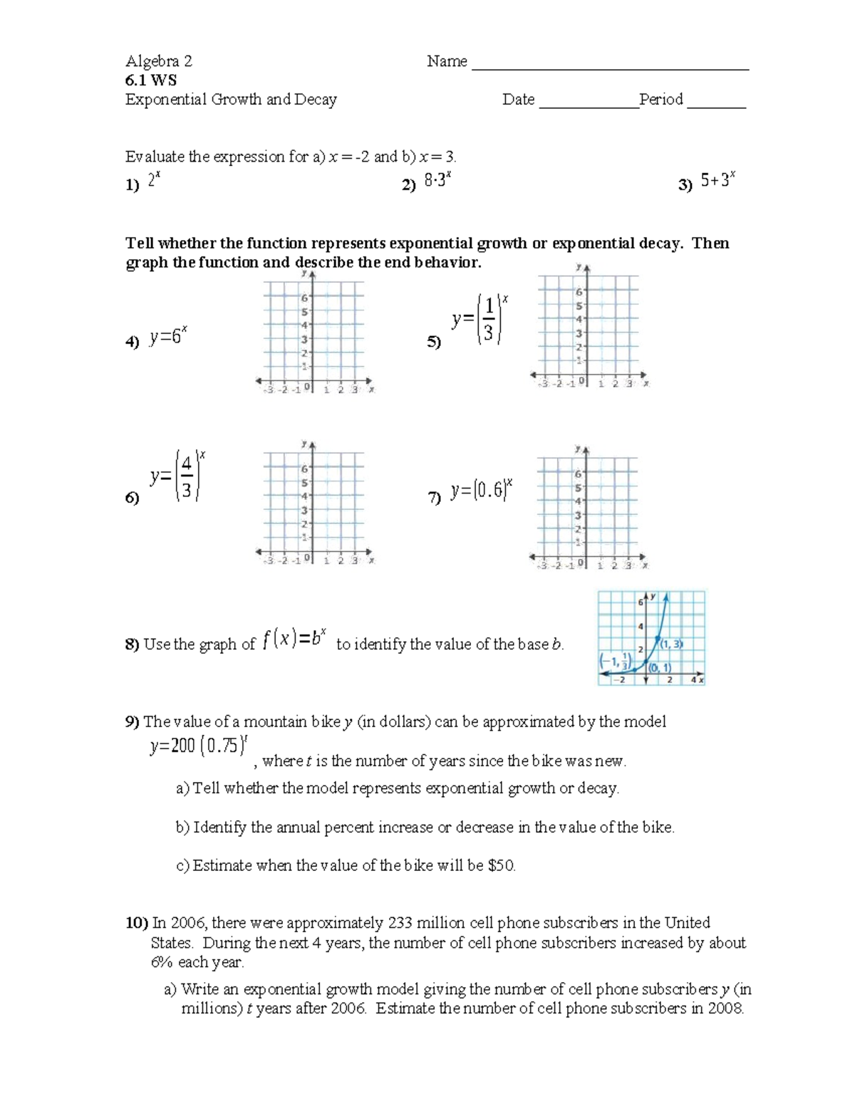6.1 WS Exponential Growth and Decay - Algebra 2 Name ...