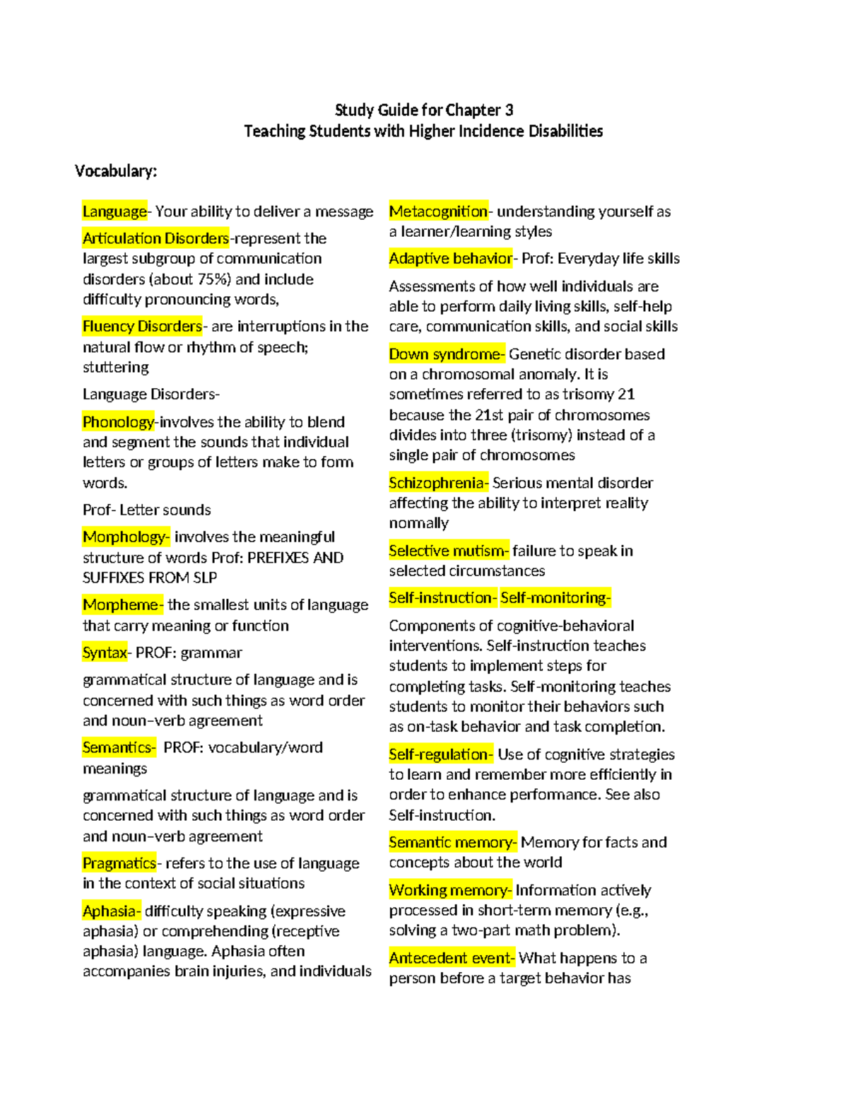 Chapter 3 Study Guide: Teaching Students with Higher Incidence ...