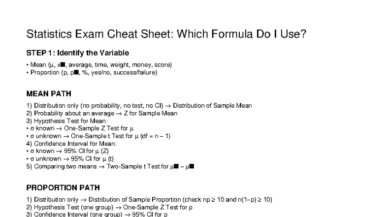 Statistics 101 Final Exam Formula Selection Cheat Sheet - Studocu