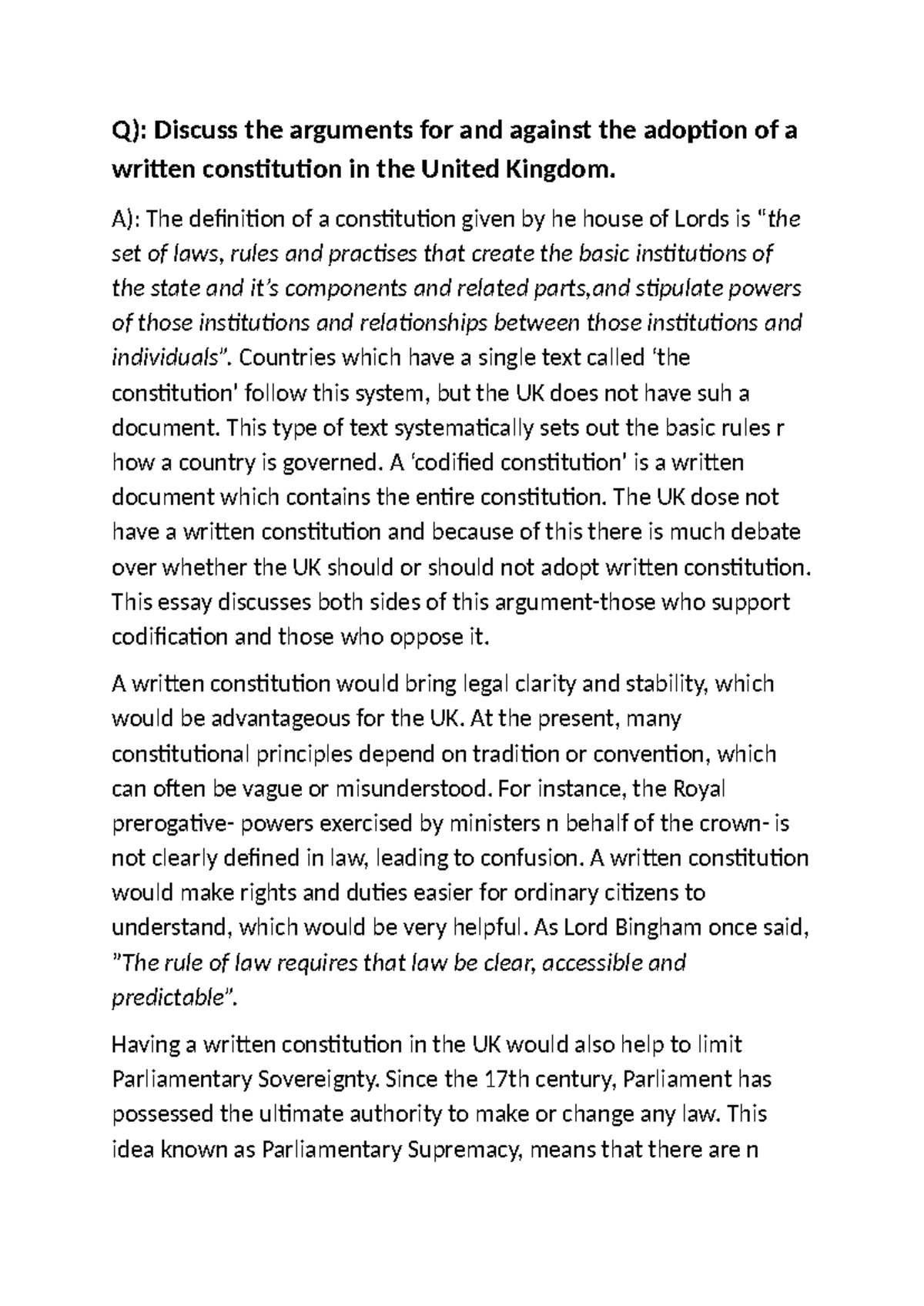 Public Law Assignment: Arguments for and Against a Written Constitution ...