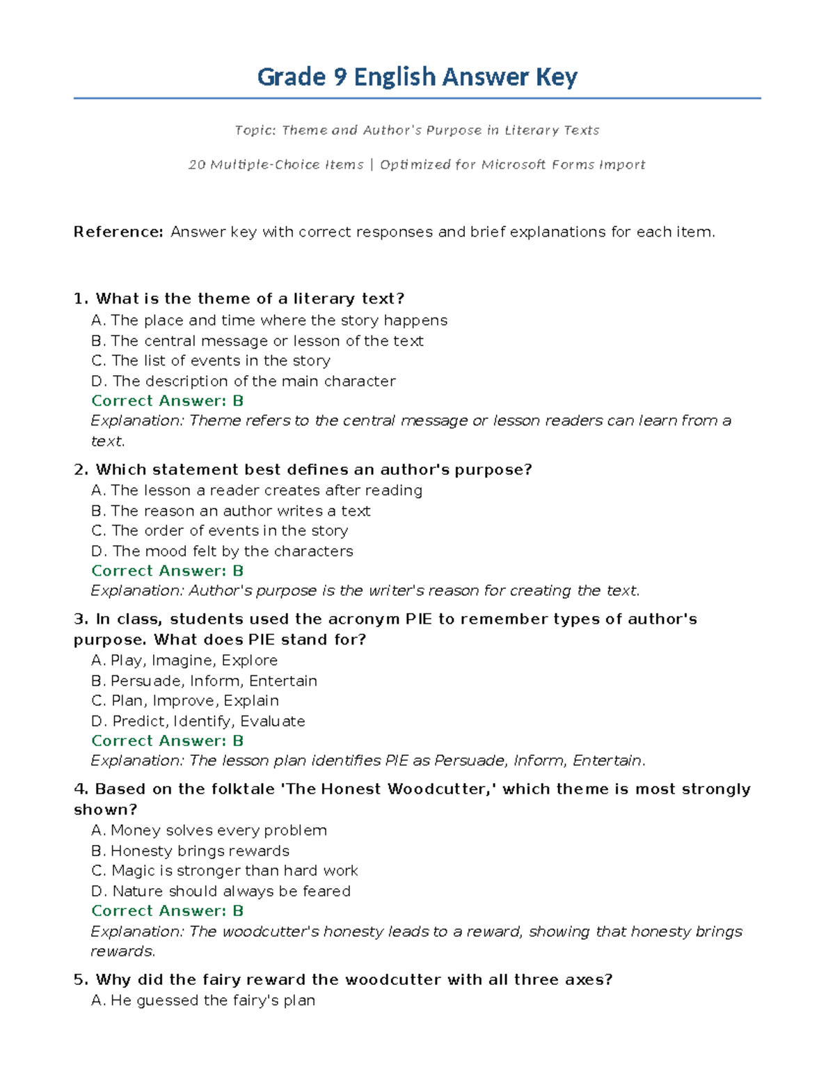 Grade 9 English Answer Key: Theme & Purpose in Literary Texts - Studocu