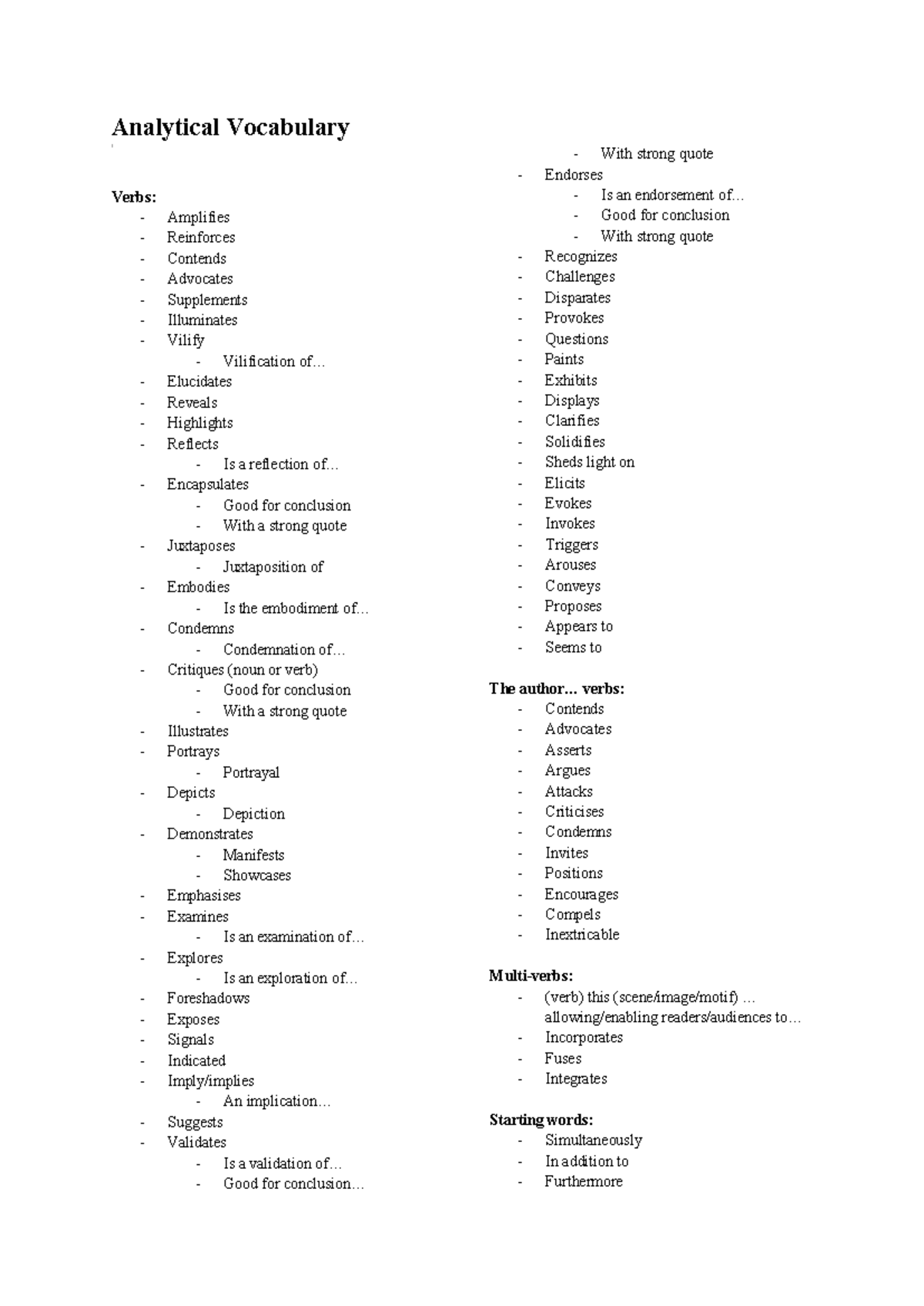 Analytical Vocabulary - Analytical Vocabulary Verbs: - Amplifies ...