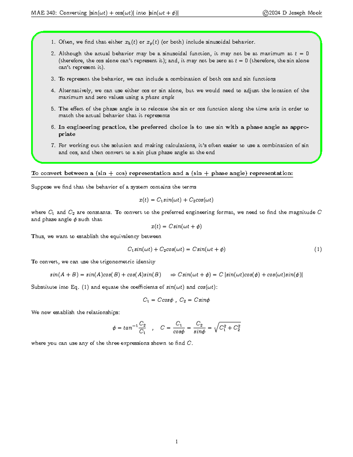 MAE 340: Converting Sinusoidal Functions in Engineering - Studocu