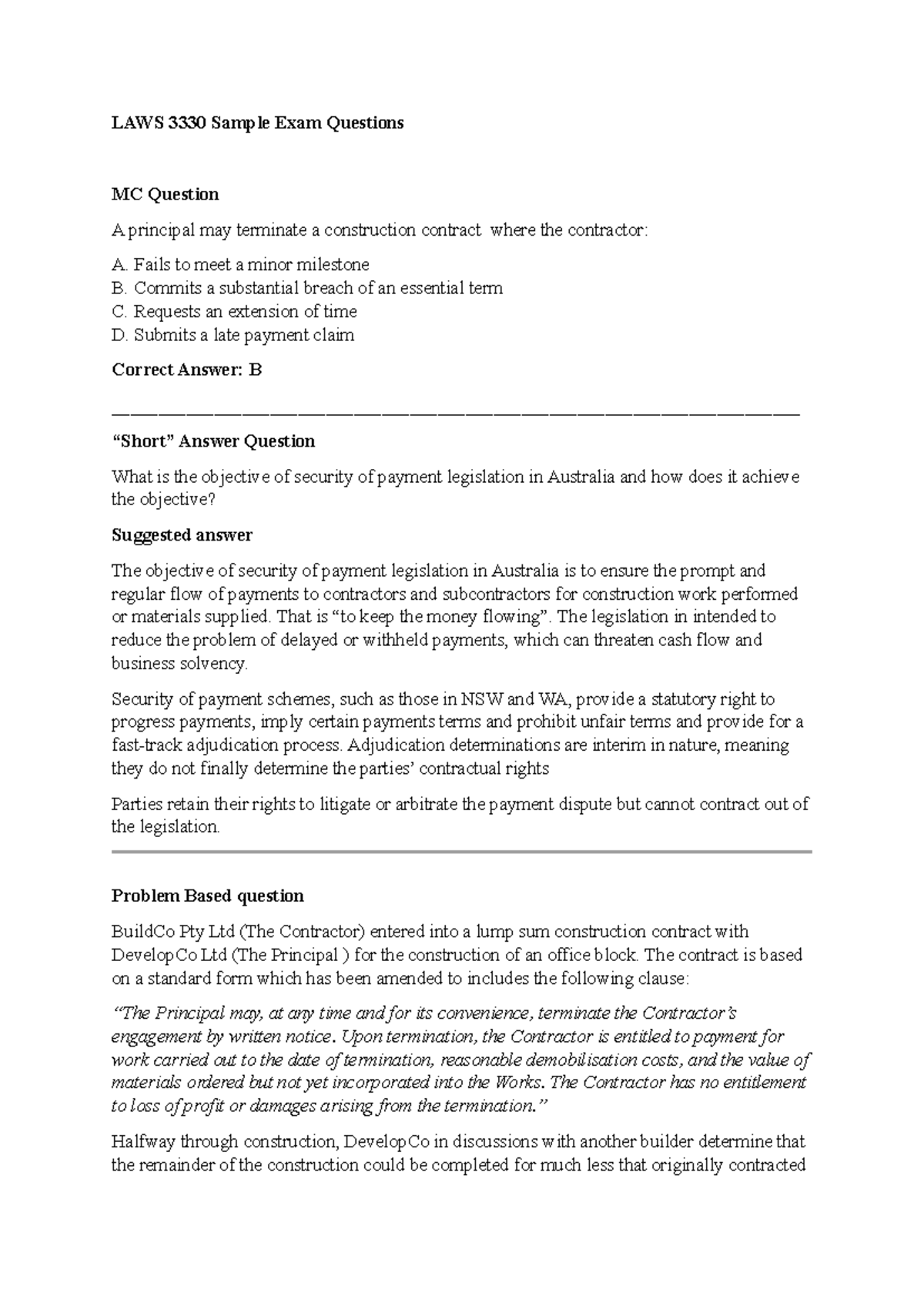 LAWS 3330 Sample Exam Questions & Answers on Termination Clauses - Studocu