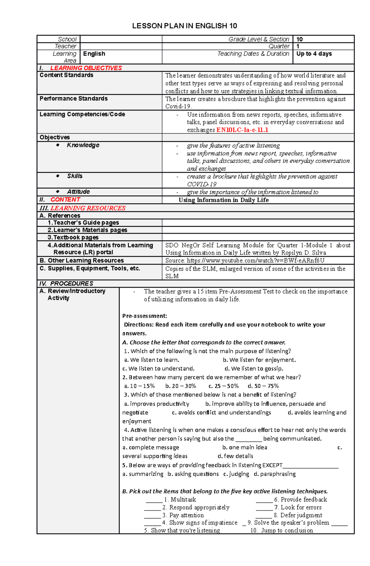 DLP-ENG-G10-Q1-MELC-1.-WEEK 1 - LESSON PLAN IN ENGLISH 10 School Grade Level & Section 10 - Studocu