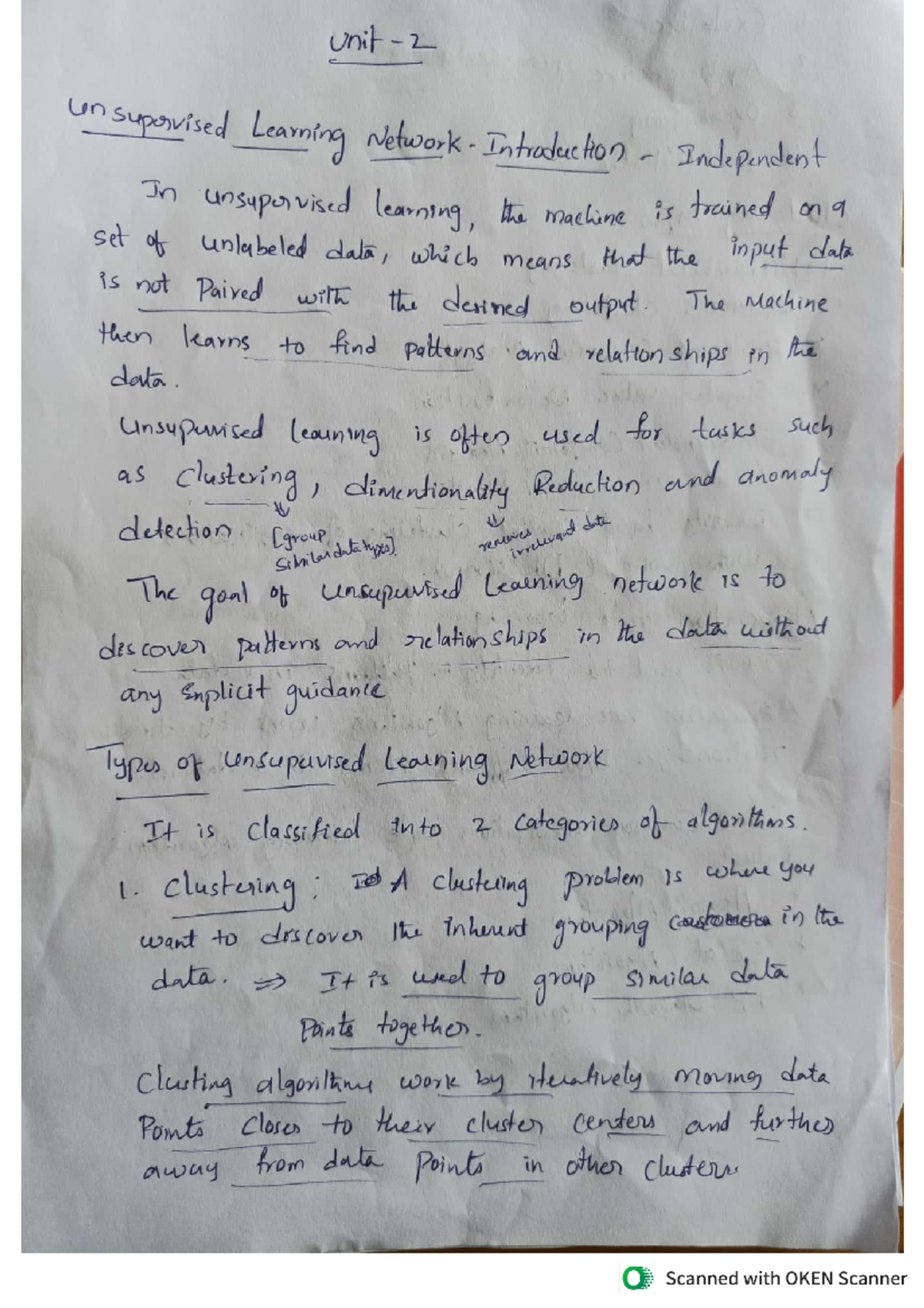 NNDL Unit-2: Unsupervised Learning Networks and Algorithms Overview - Studocu