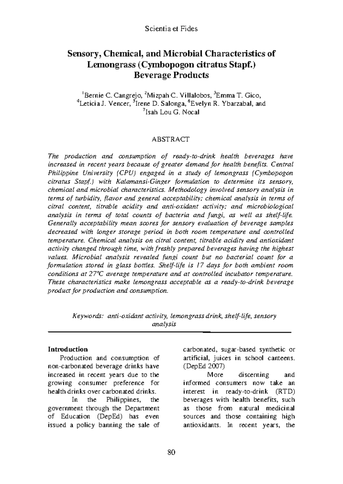 Sensory, Chemical, and Microbial Analysis of Lemongrass Beverage (CPU ...