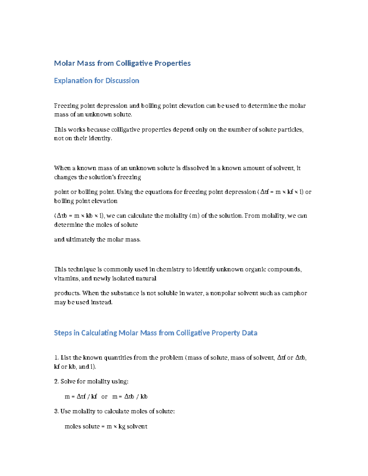 Molar Mass Calculation via Colligative Properties: A Study Guide - Studocu