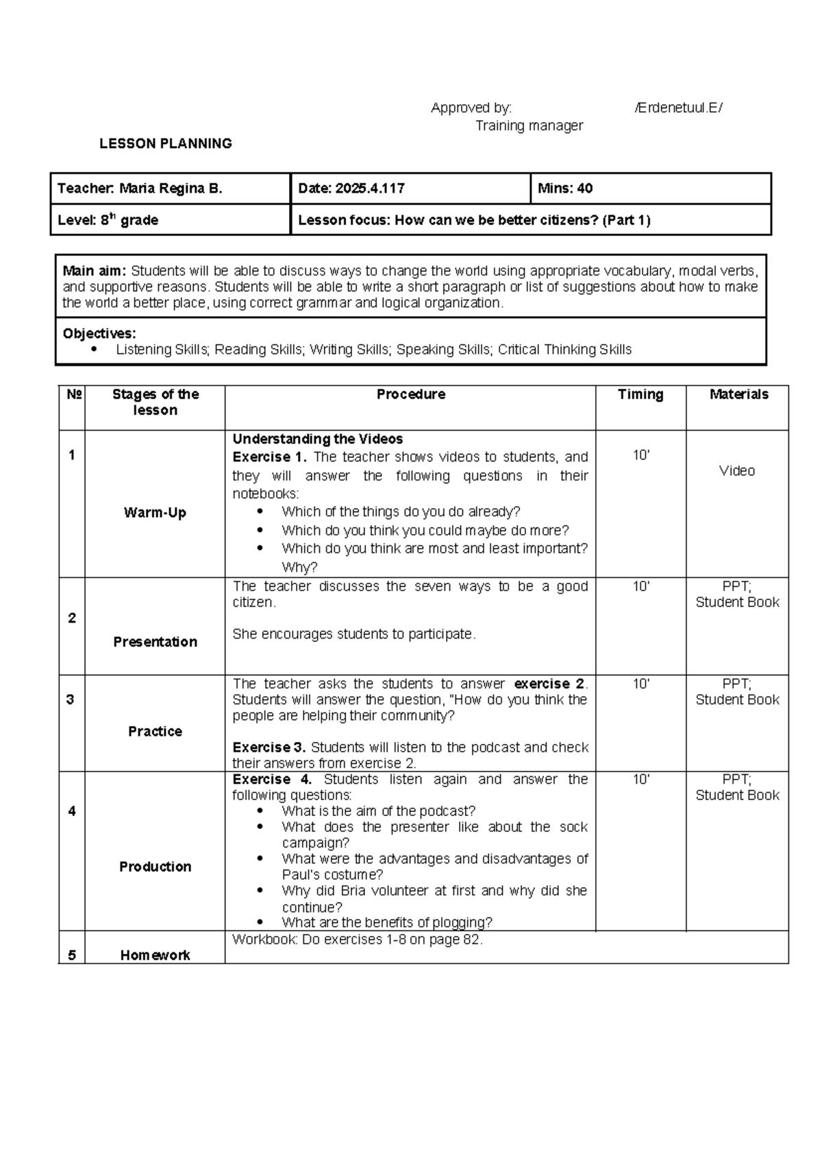 8th Grade Lesson Plan: How to Be Better Citizens (Part 1) - Studocu