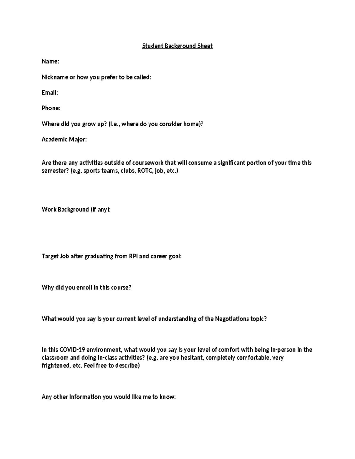 Student Background Sheet - Negotiations Course (Spring 2024) - Studocu