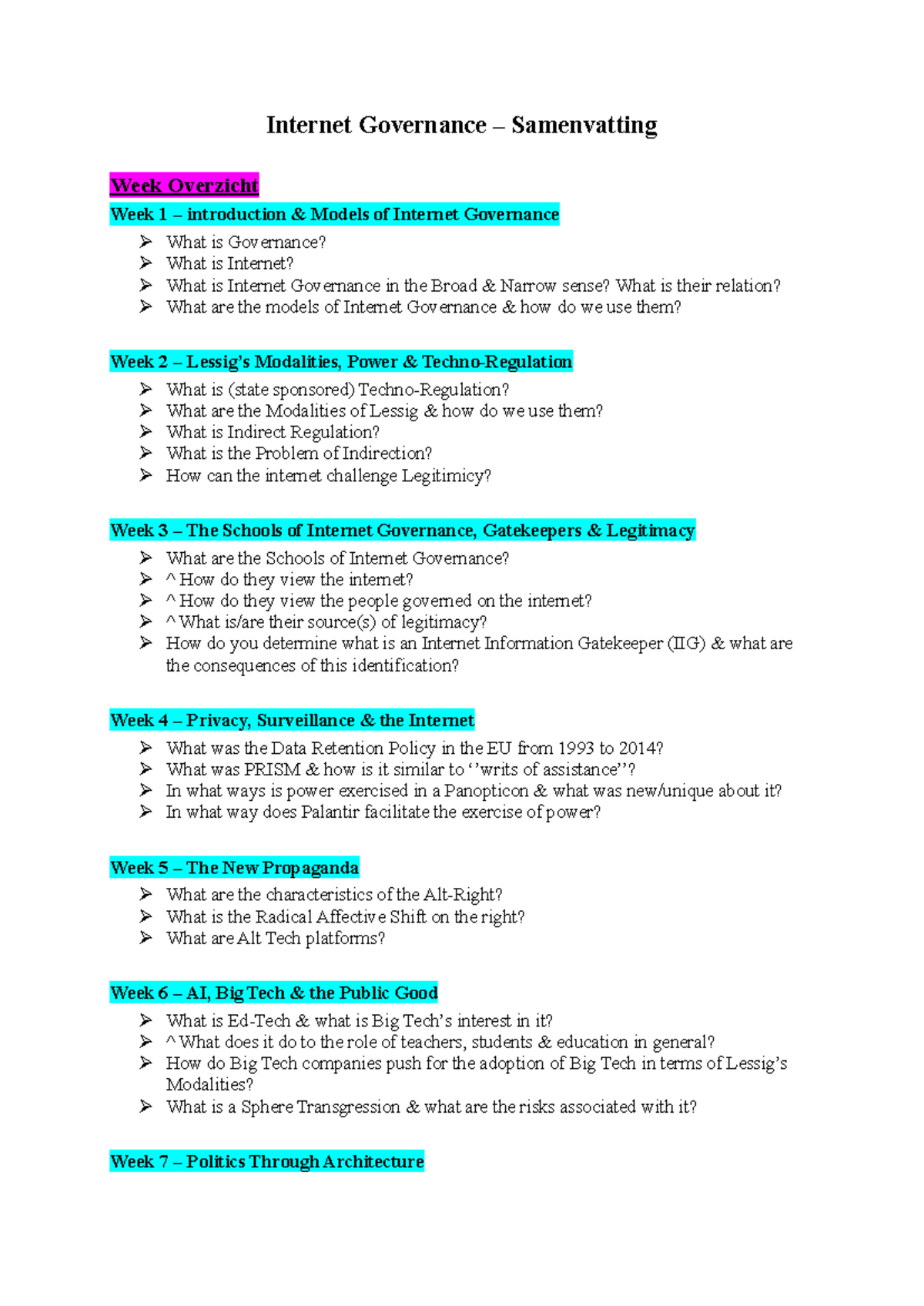 InternGov - Week 1-7 Summary of Internet Governance Concepts - Studeersnel