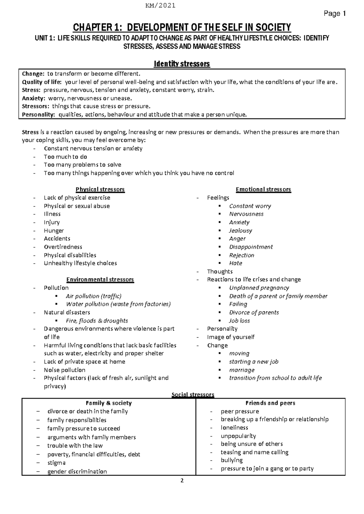 Grade 12 LO Notes: Stress Management and Study Skills Revision - Studocu