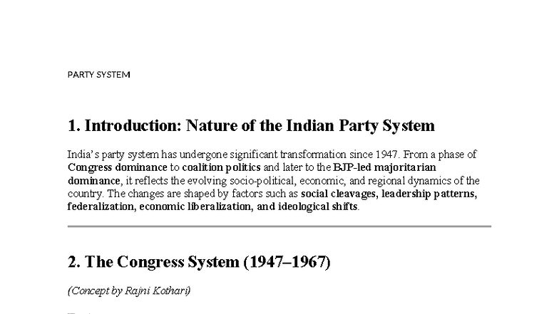 Indian Party System: Evolution from Congress Dominance to BJP Era - Studocu
