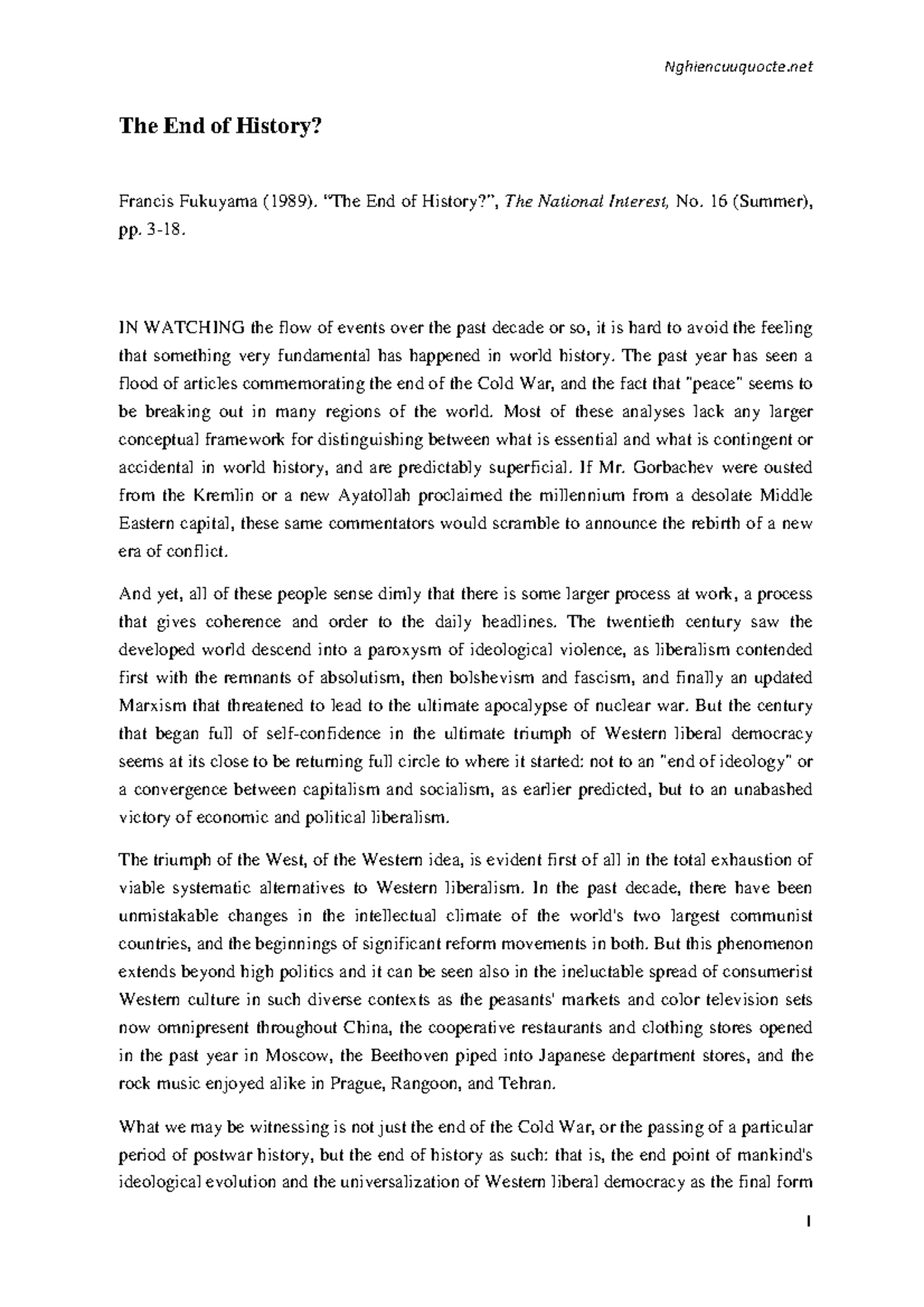 Fukuyama's The End of History: Analyzing Liberalism's Victory - Studocu