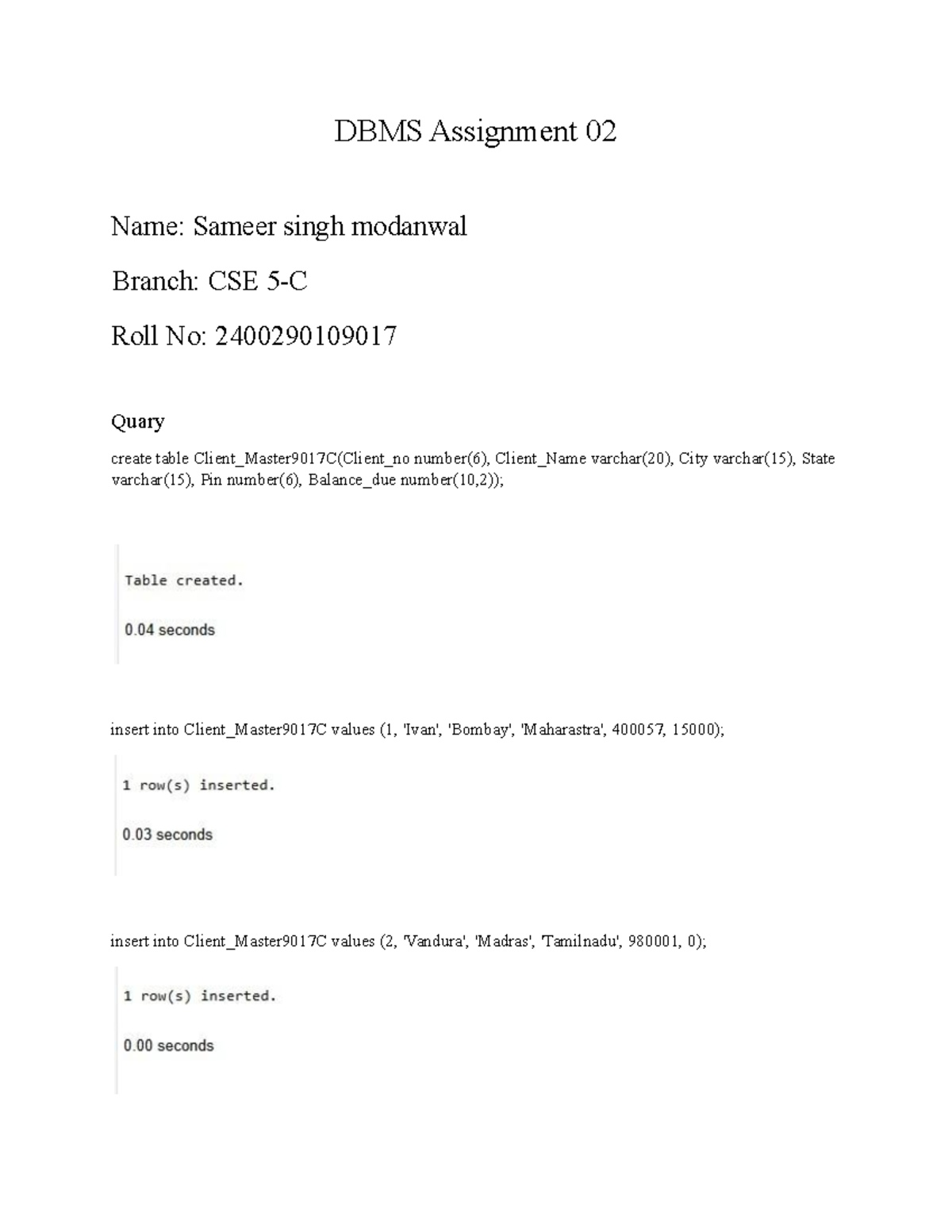 DBMS Assignment 02: Client and Product Master Tables - Studocu