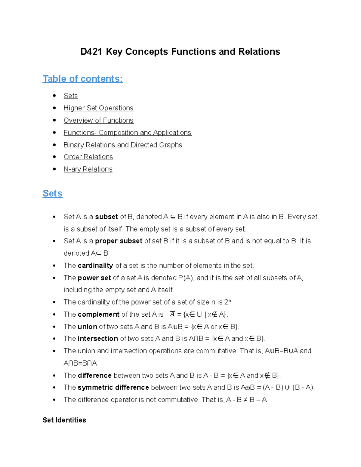 D421 Key Concepts: Functions, Relations, and Set Operations - Studocu