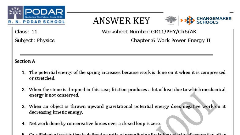 ANSWER KEY Class: 11 Physics Worksheet Chapter 6: Work, Power, and ...
