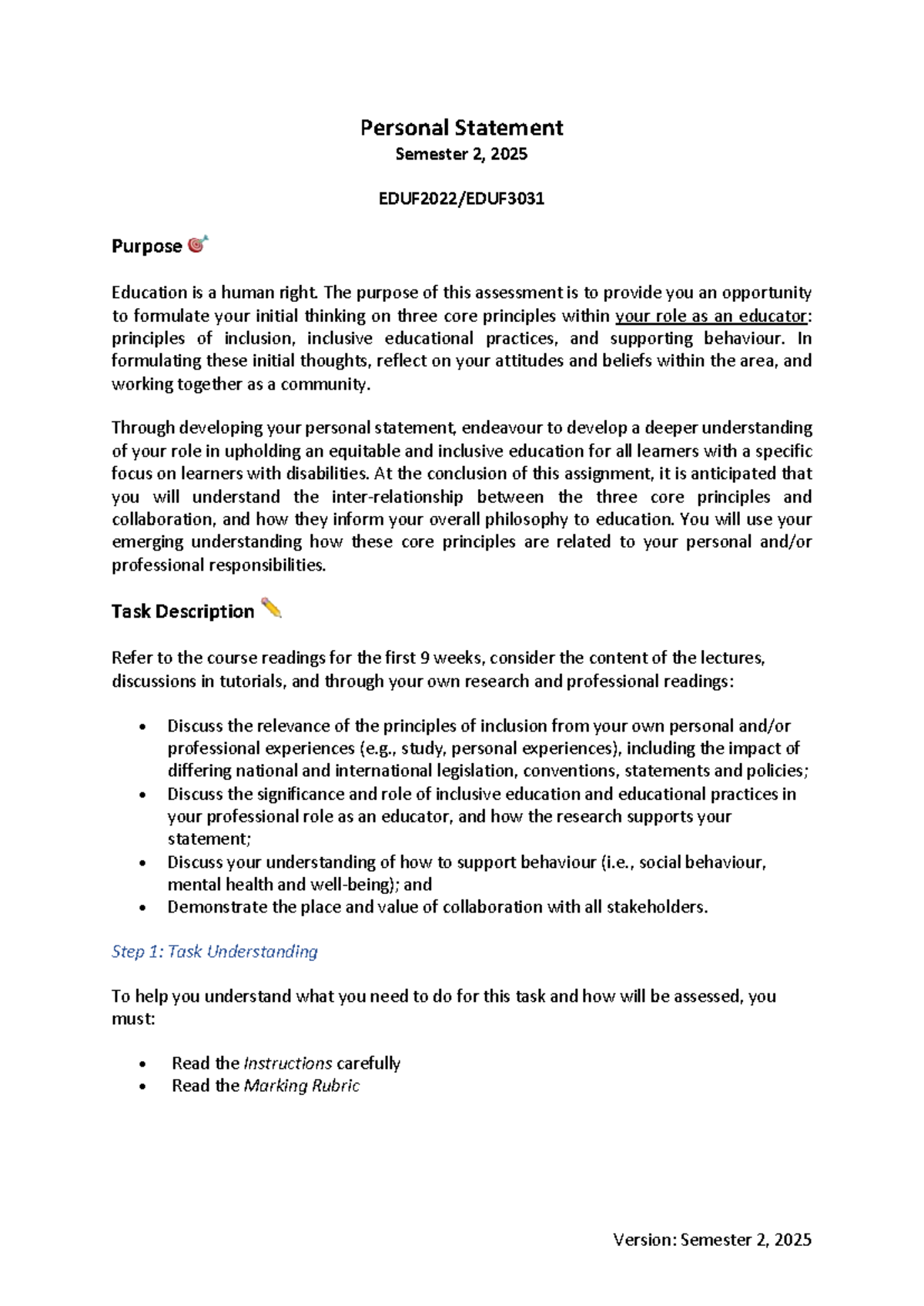 Personal Statement on Inclusion Principles - Semester 2, 2025 - Studocu