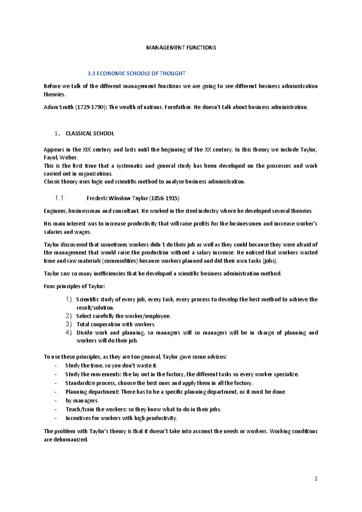 MANAGEMENT FUNCTIONS 3.1 ECONOMIC SCHOOLS OF THOUGHT - Lesson 3 - Studocu