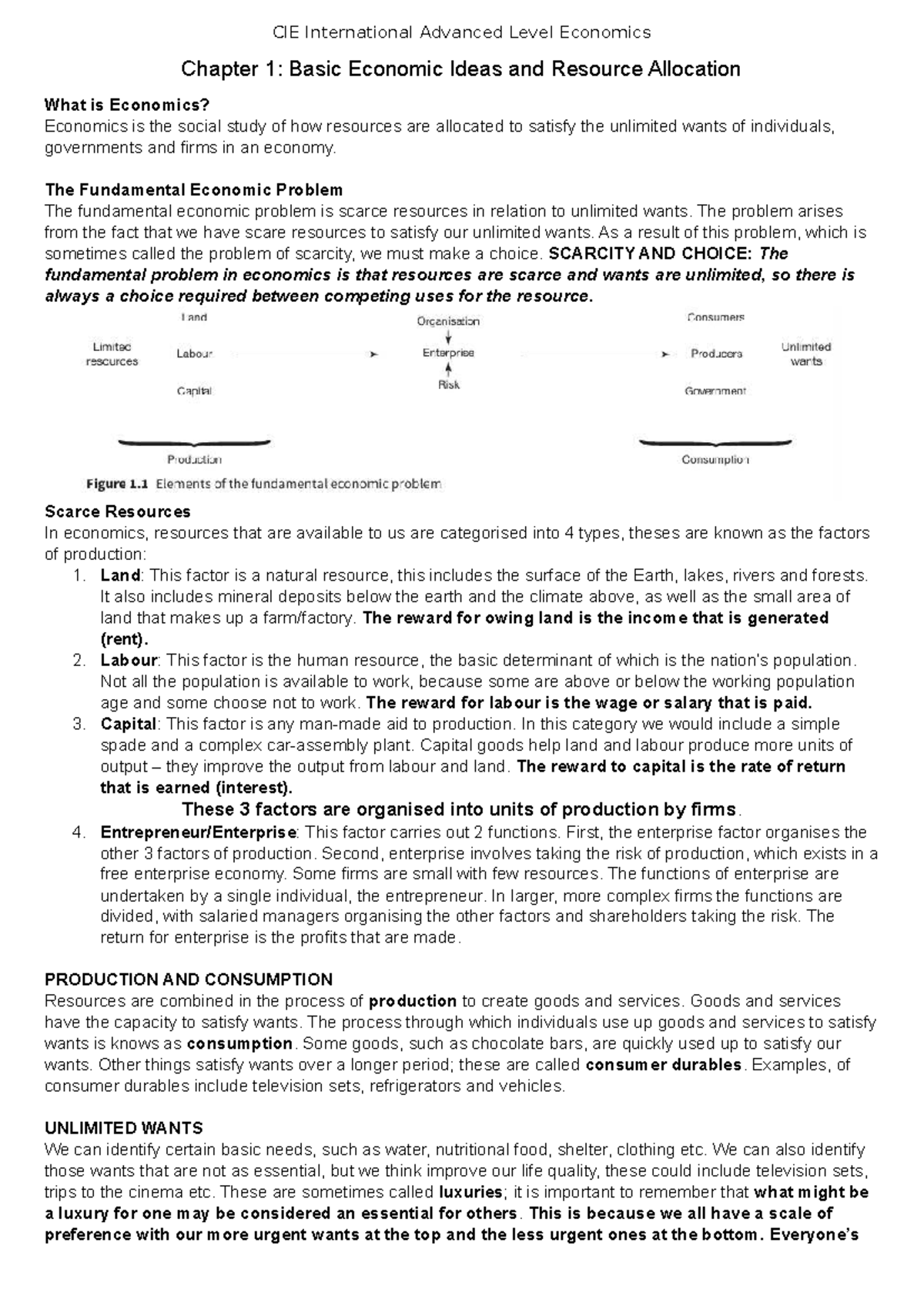 CIE International A Level Economics: Ch 1 - Basic Economic Concepts - Studocu