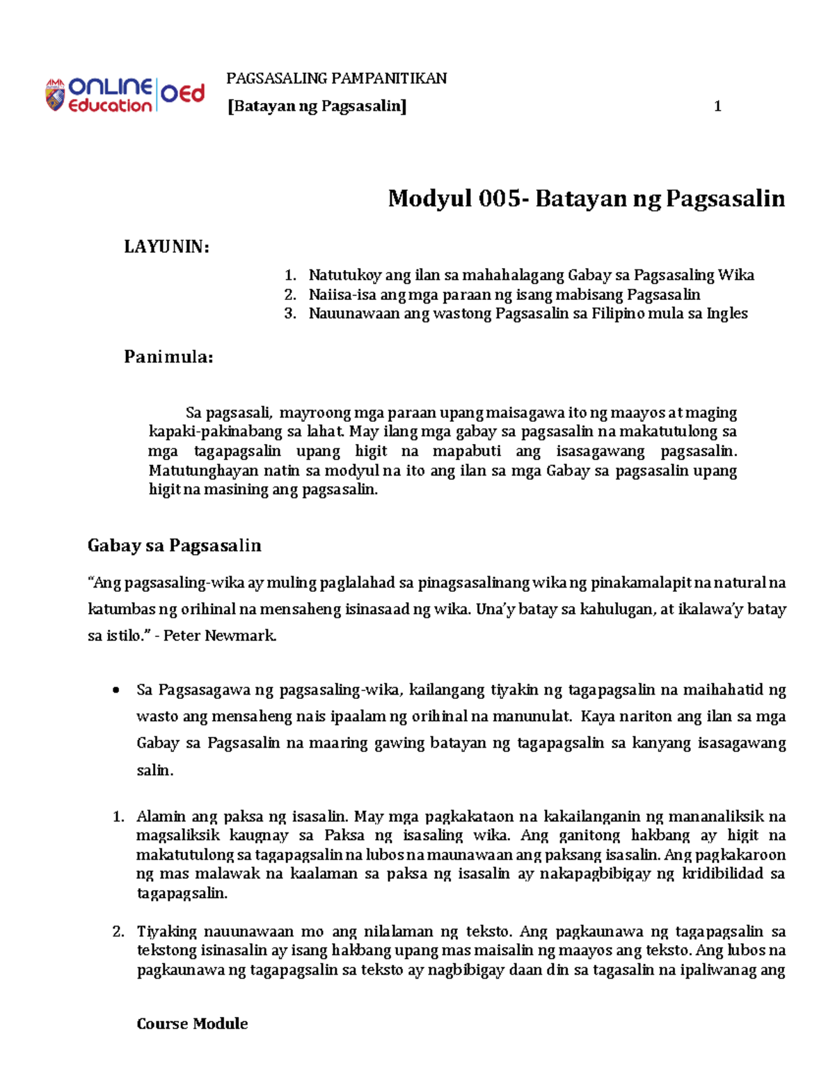 W6 Modyul 005 - Batayan ng Pagsasalin: Pagsasaling Pampanitikan - Studocu