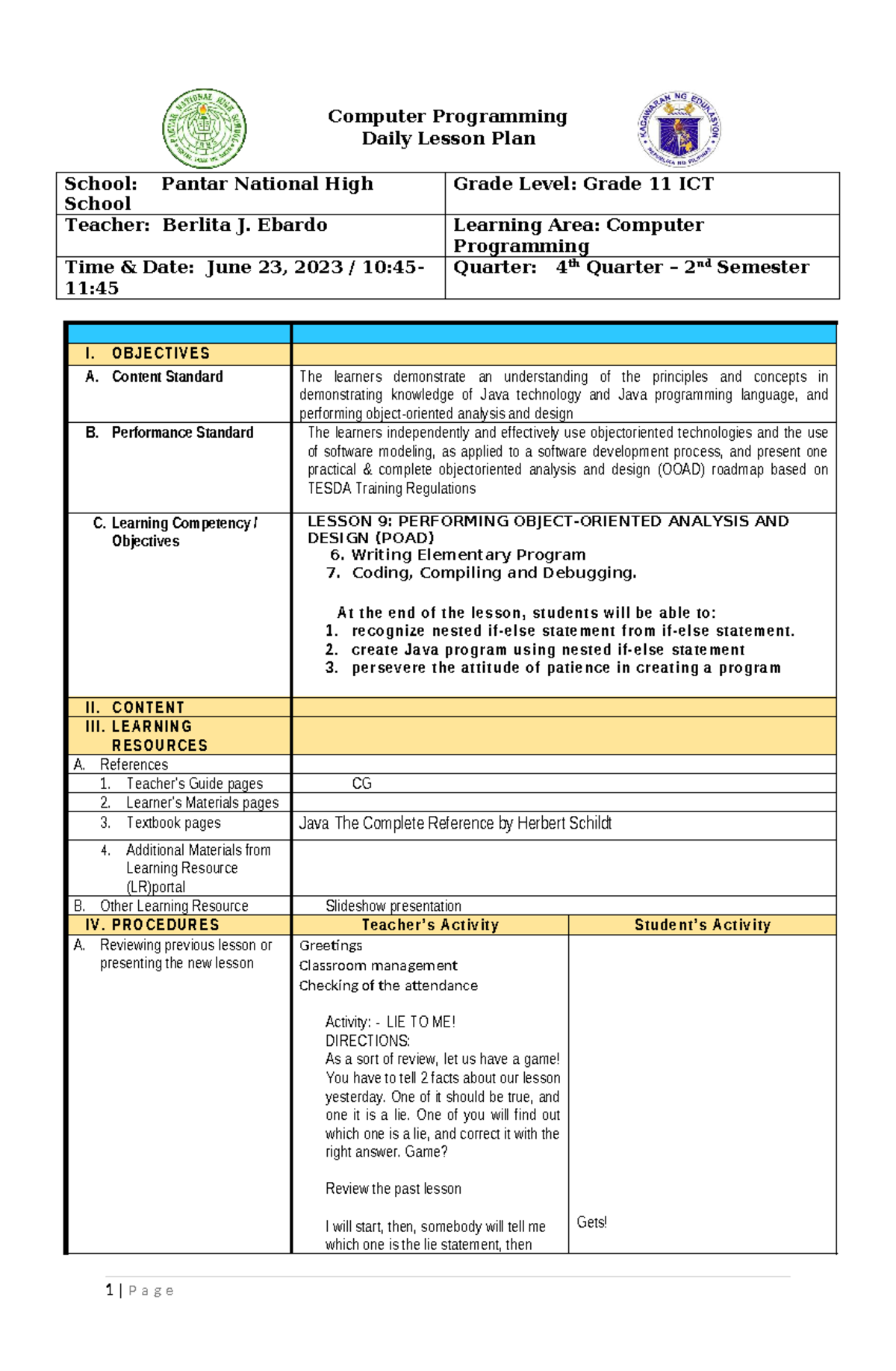 Computer Programming Lesson Plan: Java Nested Statements (Grade 11 ...