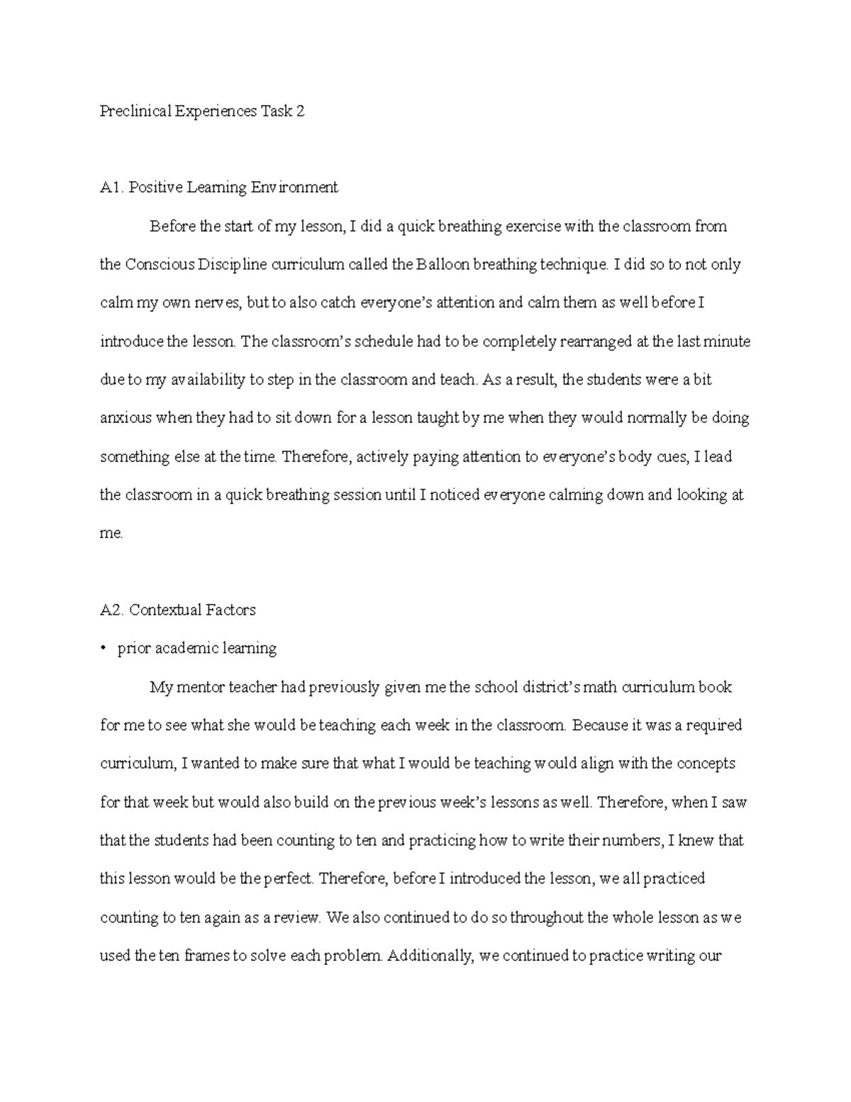 Preclinical Experiences Task 2: Creating a Positive Learning ...