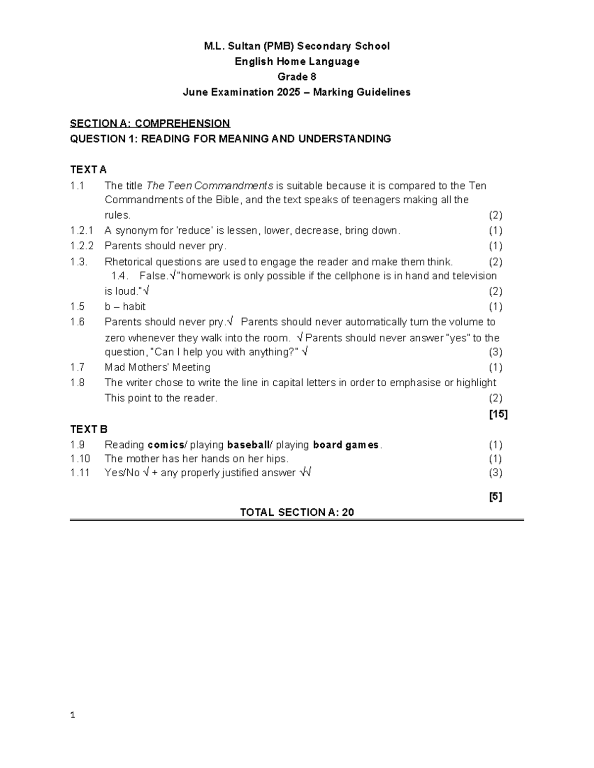 Grade 8 English Home Language June Exam 2025 Marking Guidelines - Studocu