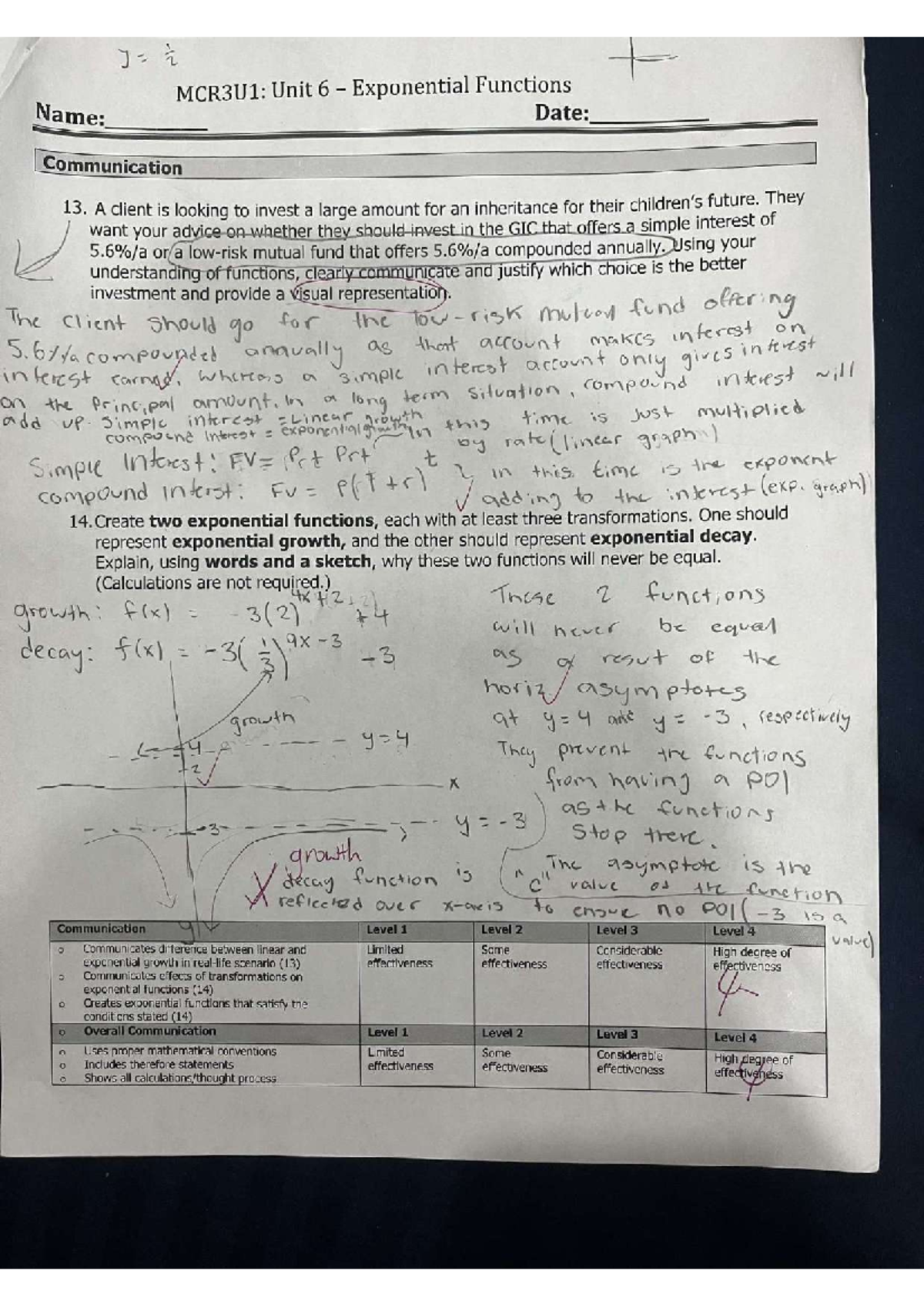 MCR3U1: Unit 6 Exponential Functions Analysis and Client Investment Advice - Studocu