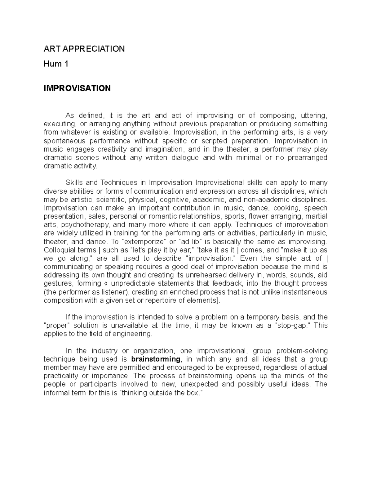 Art Appreciation Hum 1 - Understanding Improvisation in Arts - Studocu