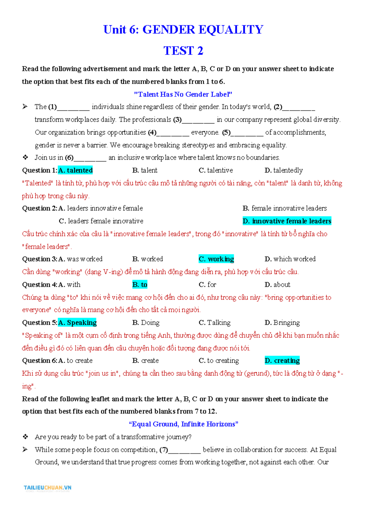 Unit 6 Gender Equality - Test 2 Key for Global Success 10 Form 2025 ...