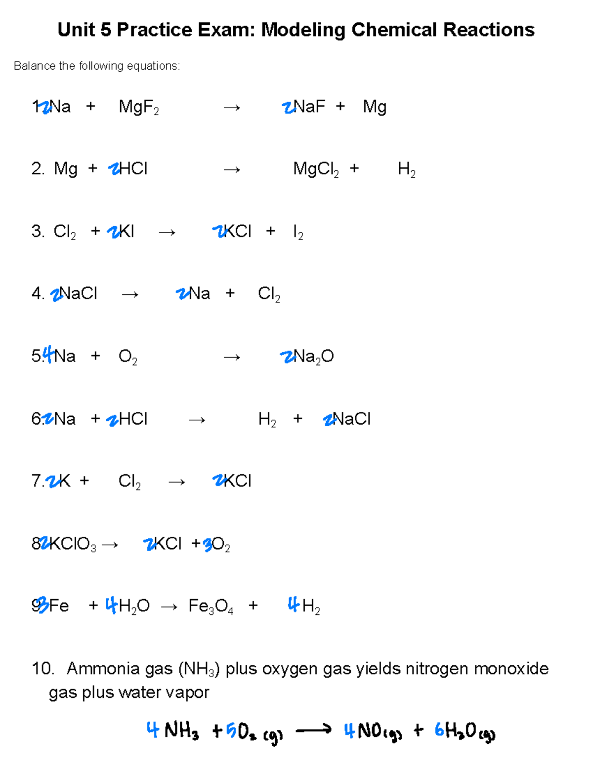 Unit 5 Practice Exam: Balancing and Modeling Chemical Reactions - Studocu
