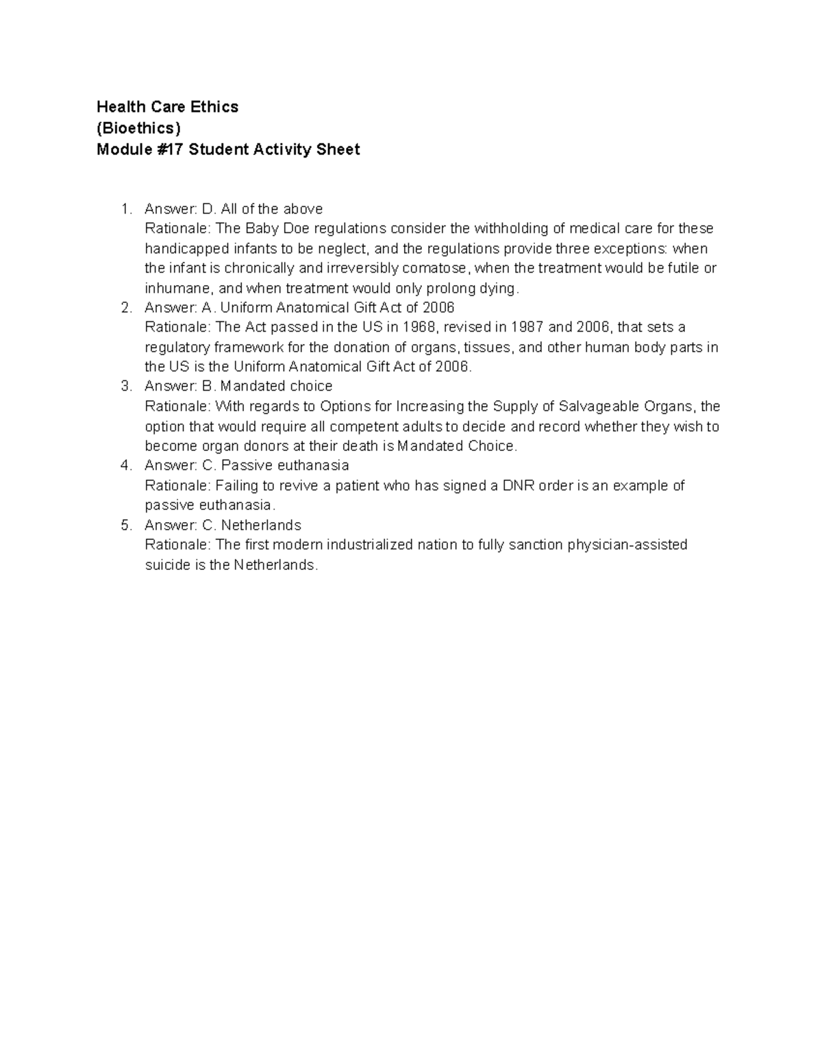 BIOETHICS SAS Module #17 Student Activity Sheet Answer Key - Studocu