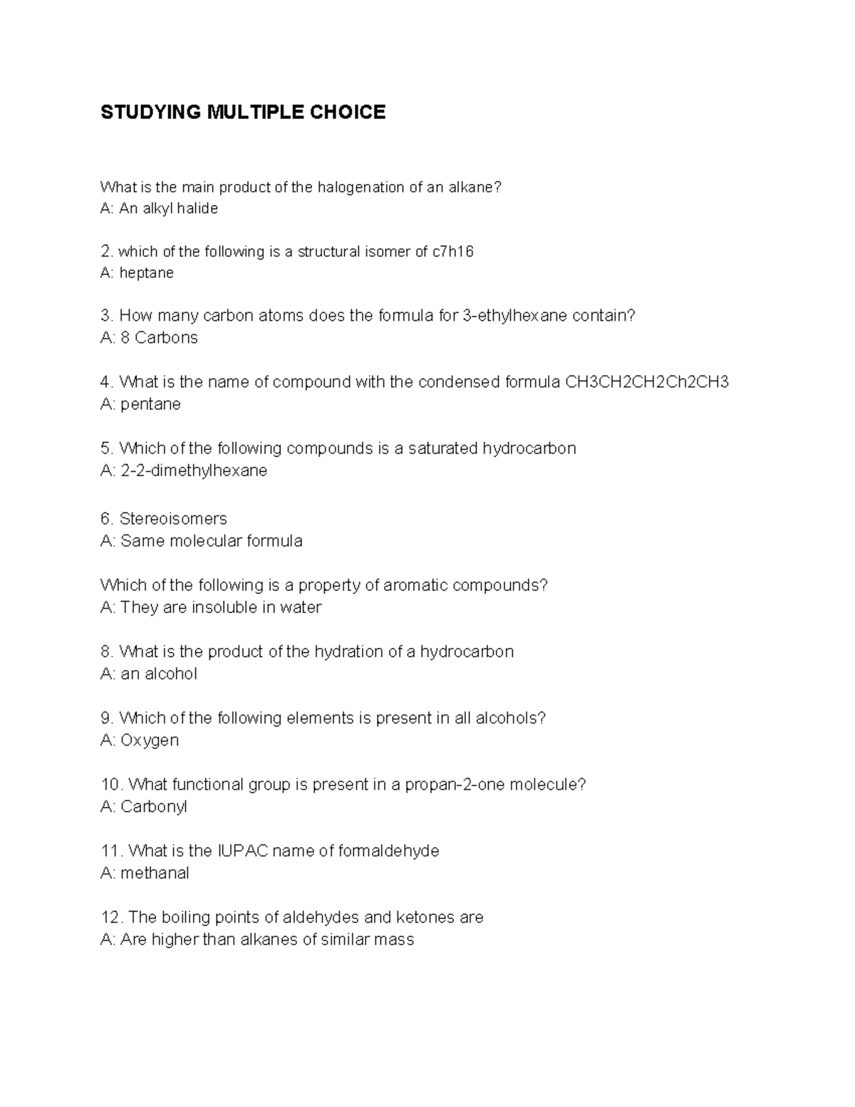 CHEM 101: Multiple Choice Study Guide on Alkanes and Functional Groups ...