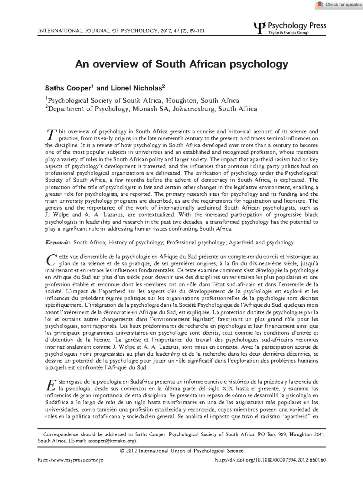 A Comprehensive Overview of South African Psychology (PSY101) - Studocu