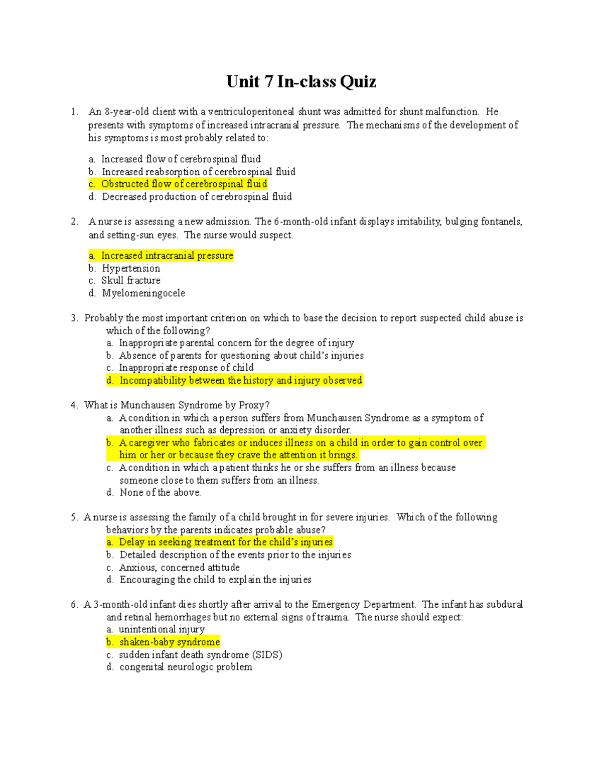 Unit 7 Quiz Answer Key - WK 6-7: Pediatric Nursing Insights - Studocu