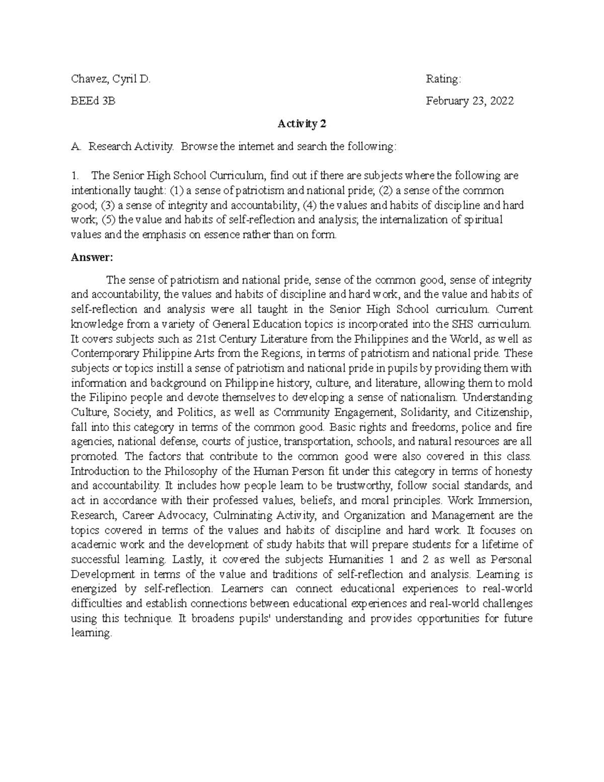 L4- Activity 2 - Teaching In English - Chavez, Cyril D. Rating: BEEd 3B February 23, 2022 ...