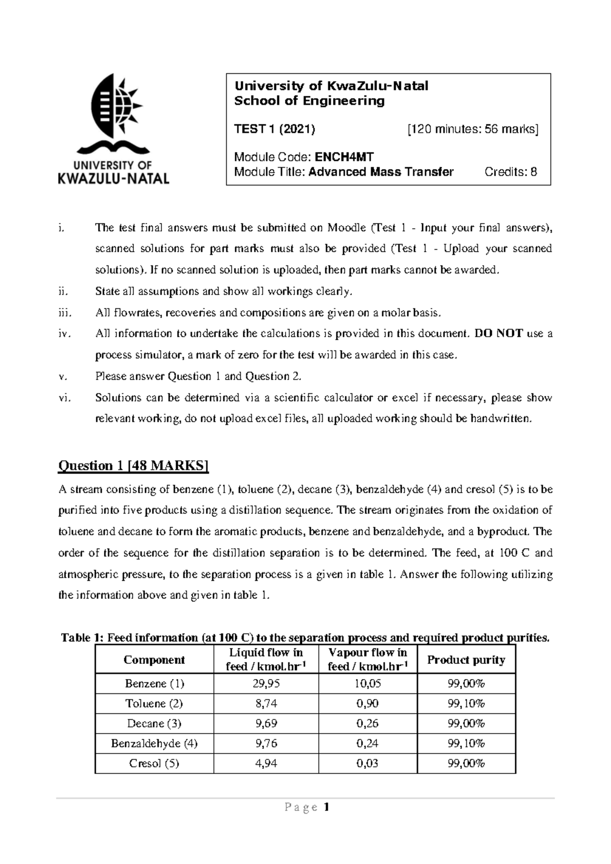 ENCH4MT Test 1 (2021) - Advanced Mass Transfer Solutions Guide - Studocu