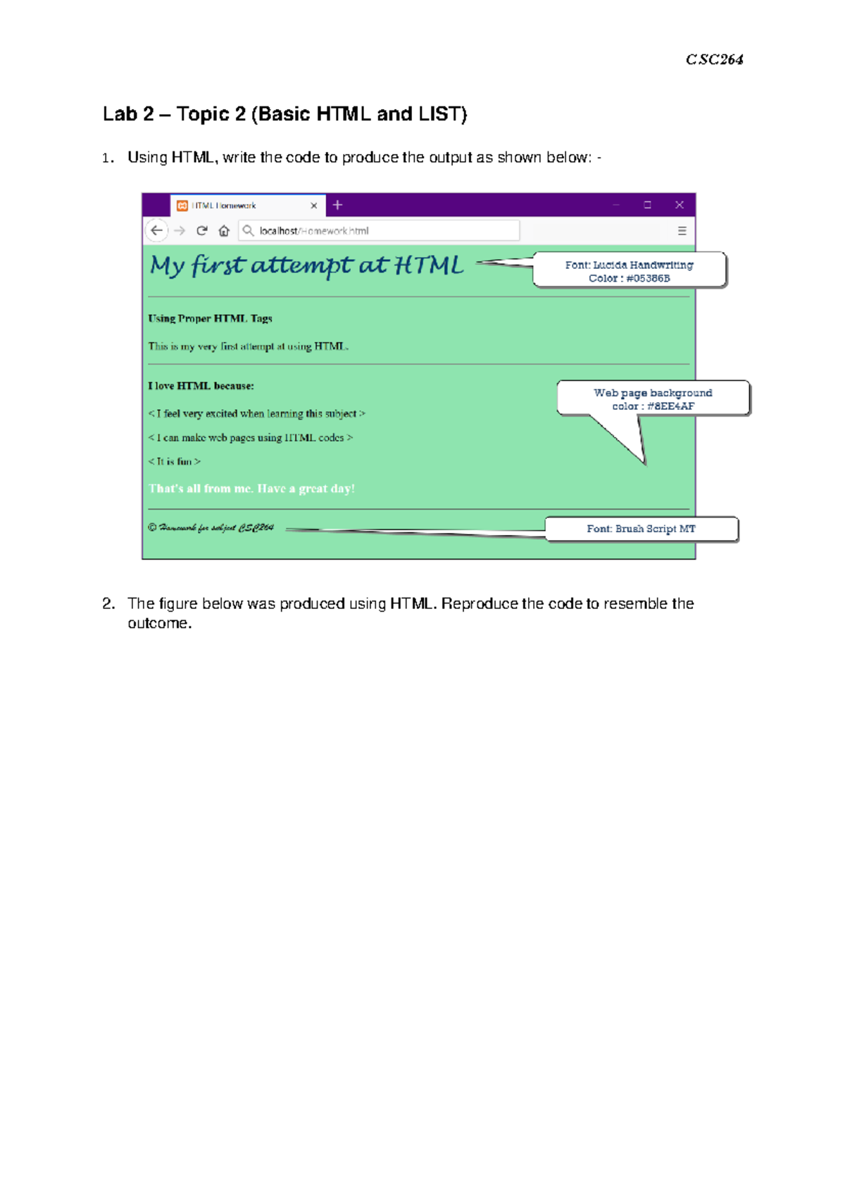 LAB 2 - HTML Intro AND LIST - introduction web - CSC Lab 2 – Topic 2 (Basic HTML and LIST) 1 ...