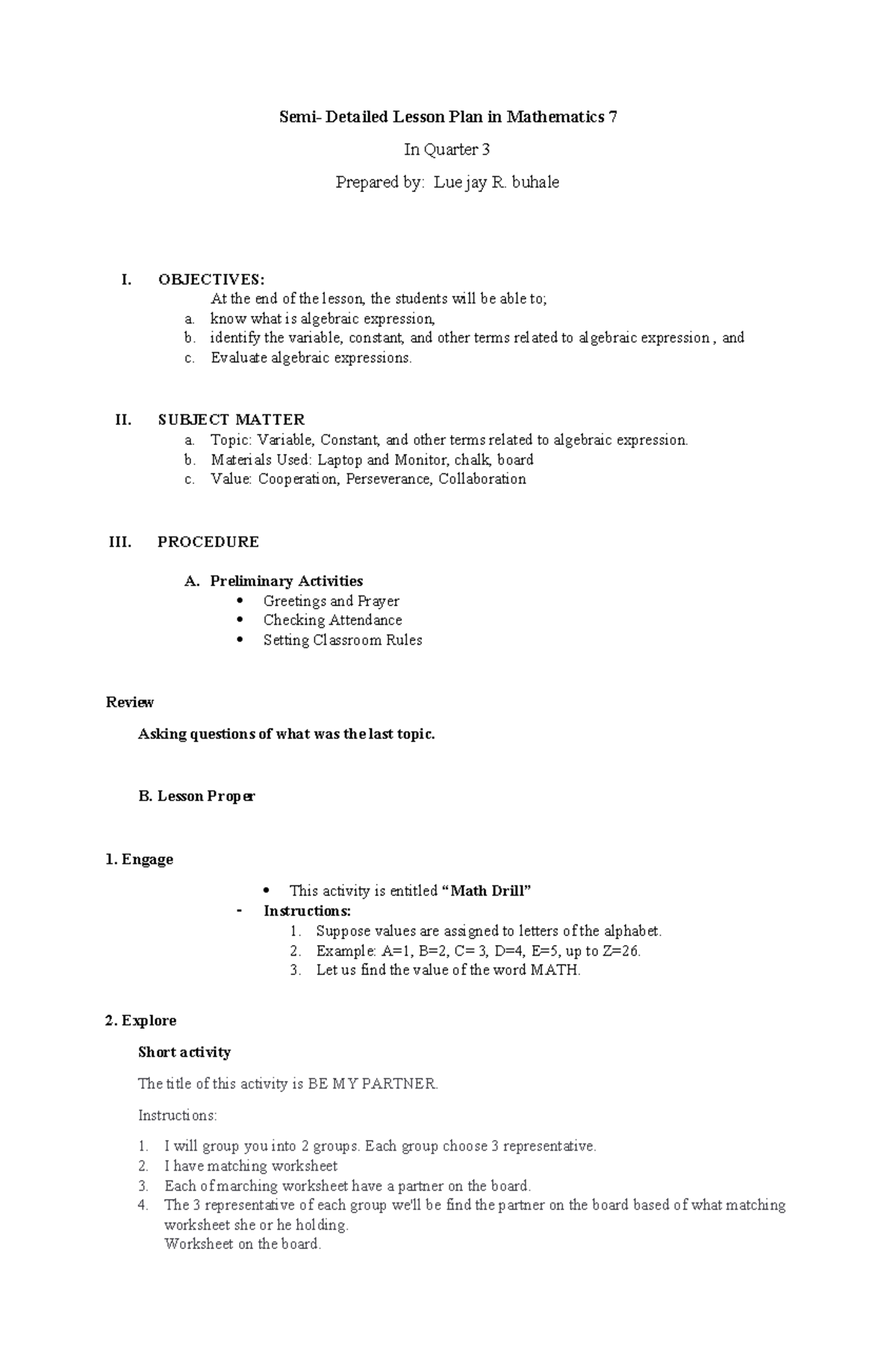 Algebraic expression - a detailed lesson plan - Semi- Detailed Lesson ...