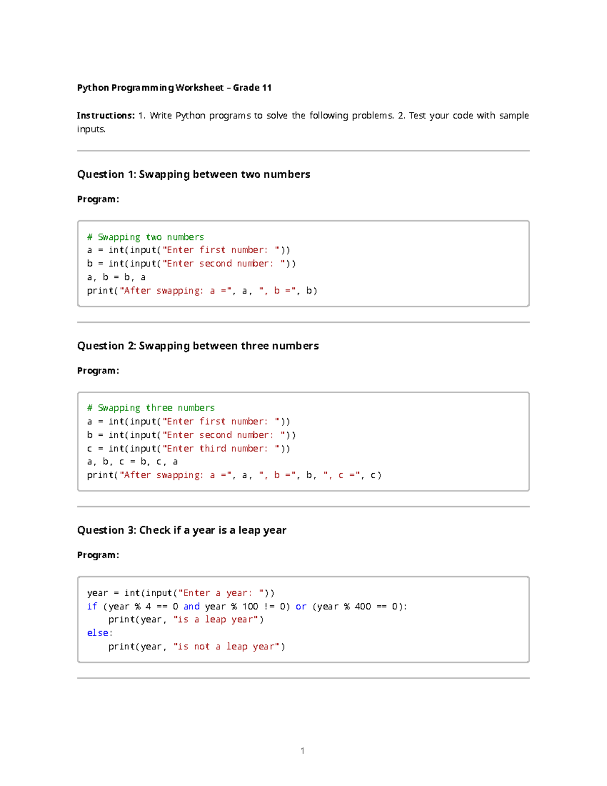 Python Programming Grade 11 Worksheet: Coding Exercises - Studocu
