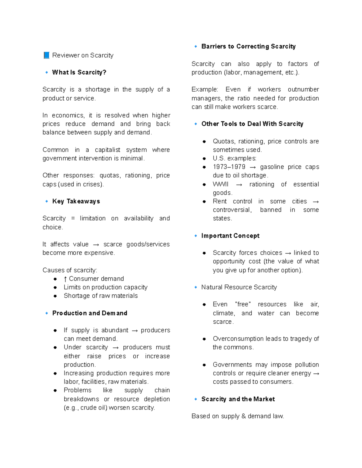 Ba-ECO101: Lecture Notes on Scarcity, Opportunity Cost, and Economic ...