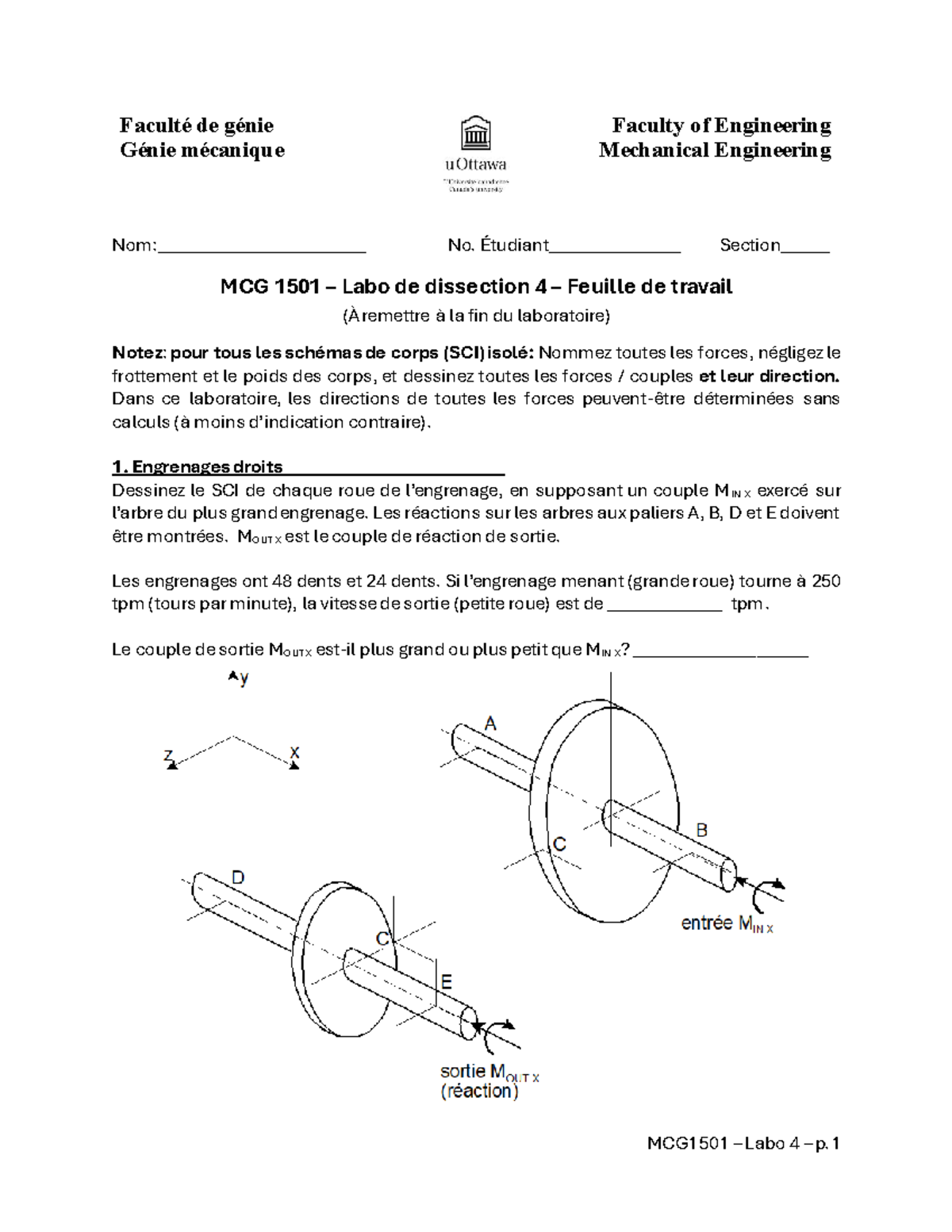 MCG1501 - Labo 4 - Dissection et Analyse des Engrenages et Poulies ...