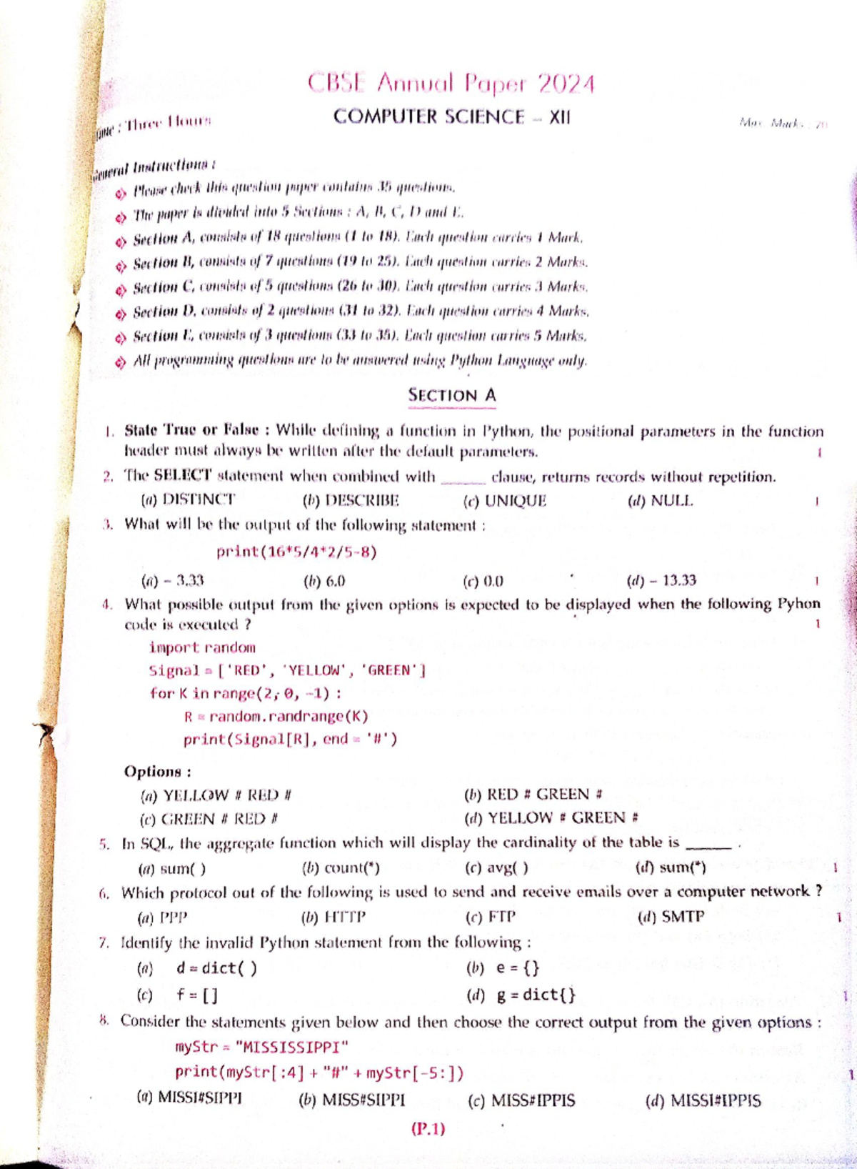 CS XII Annual Computer Science Exam Paper 2024 - Max Marks 70 - Studocu