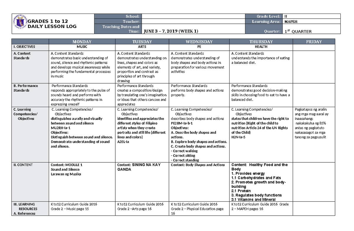 DLL Mapeh 2 Q1 W1 - LESSON LOG - GRADES 1 to 12 DAILY LESSON LOG School ...
